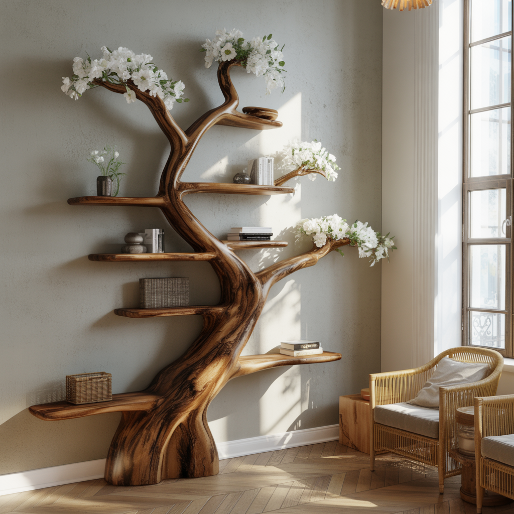 Aurelin Bloom Solid Wood Tree Bookshelf – Organic Sculptural Shelving ...