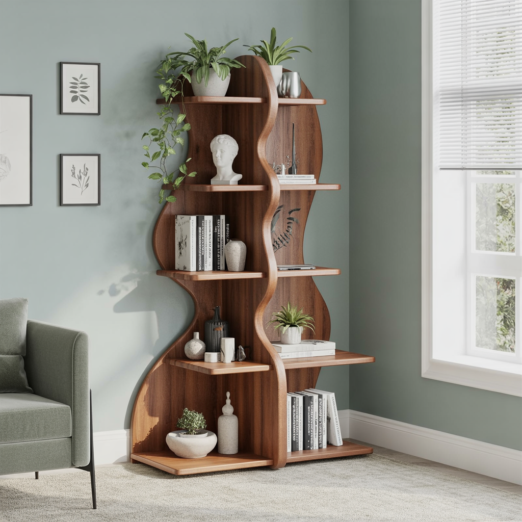 Aurelin Double Wave Solid Wood Bookshelf, Organic Modern Freestanding ...