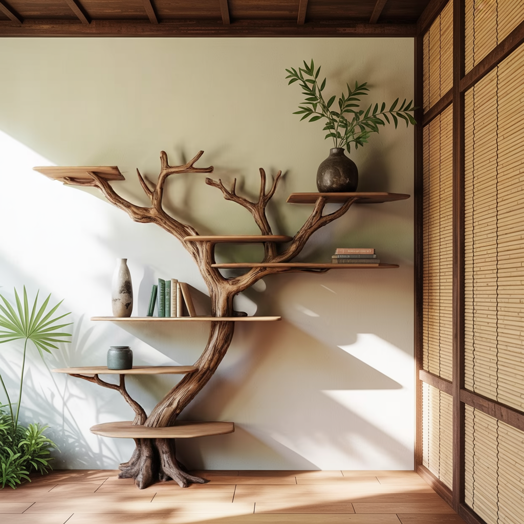 Branchline Solid Wood Tree Bookshelf – Organic Modern / Japandi Wooden ...