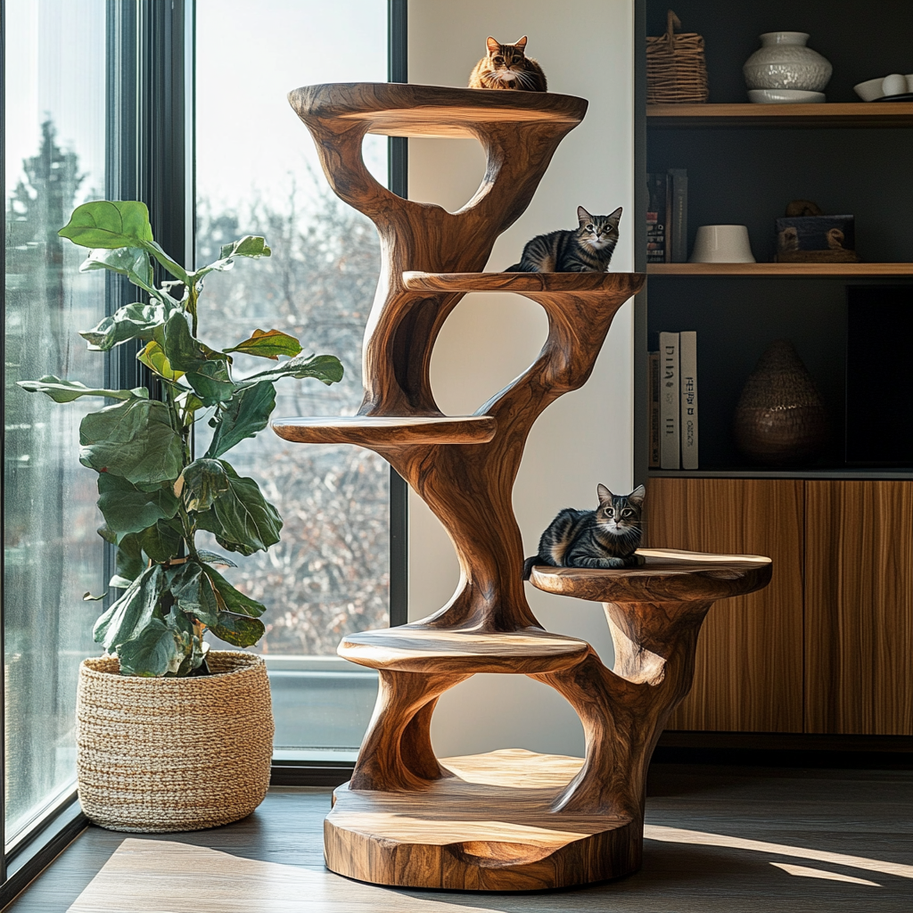Holloway Solid Wood Tree-Inspired Cat Tree Shelf, Sculptural Cat ...