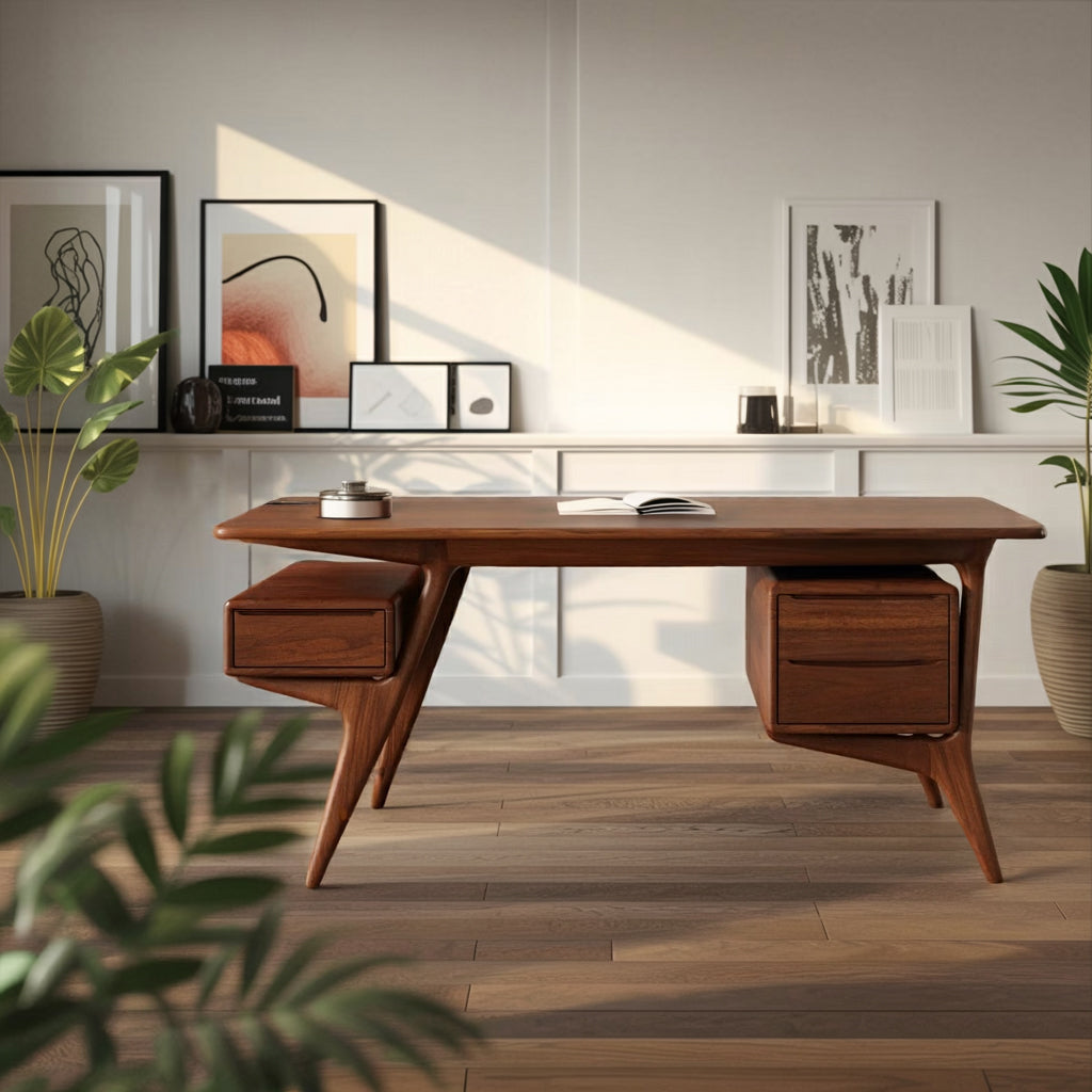 Taren Sculpted Handcrafted Solid Wood Desk with Drawers – Mid-Century ...