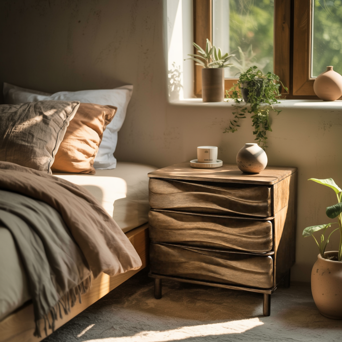 Terrawave Solid Wood Handcrafted Bedside Table, Organic Modern Wave ...