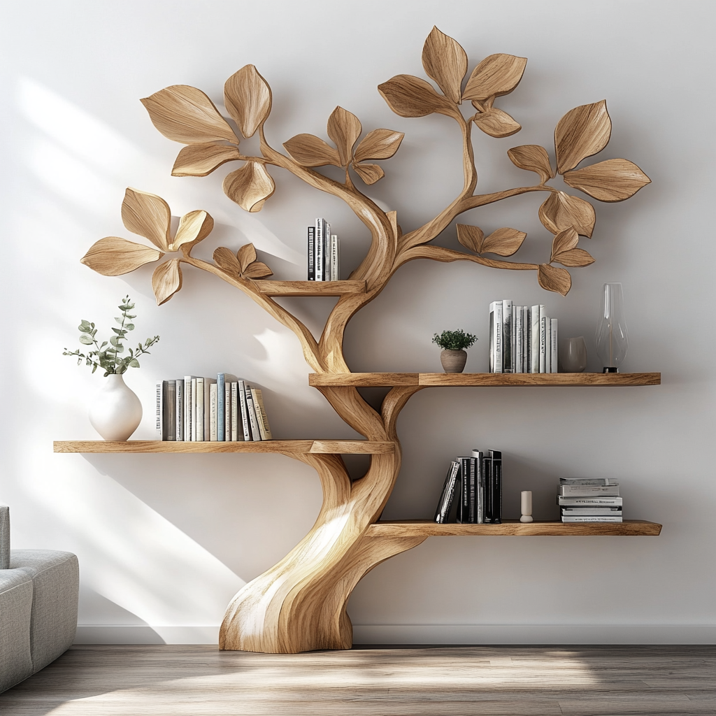 Verdelume Tree Bookshelf Handcrafted Wooden Wall Shelf with Leaf Design ...